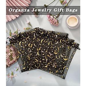 Jexila 100PCS Black Organza Bags 5''X7'' Moon Star Pattern Mesh Jewelry Gift Bags with Drawstring for Wedding Party Favor Small Candy Bags