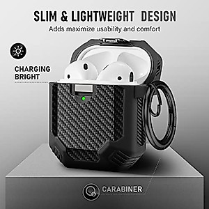 Maxjoy Compatible with Airpods 1st & 2nd Generation Case, Full Body Rugged Carbon Fiber Hard Shell Protective Case Cover with Keychain for Airpods 1st & 2nd Generation Case, Black