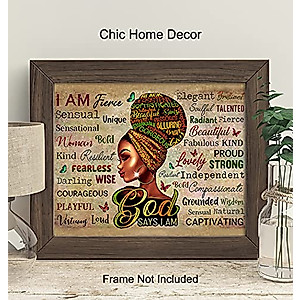 African American Women Positive Affirmations - Black Wall Art - Religious Christian Gifts for African American Girls - Inspirational Spiritual Positive Quotes Sayings Poster Picture - God Says You Are