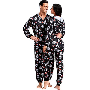 frawirshau Onesie Pajamas For Women Halloween Matching Pajamas For Couples Family Pjs Matching Sets Skull Onesie Adult Black S