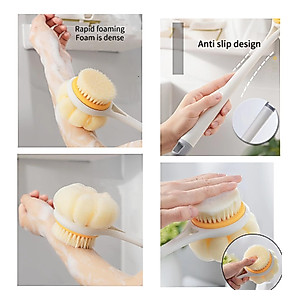 Back Scrubber for Shower, Body Scrubber with Soft Bristles and Loofah, Long Handle Bath Brush Skin Exfoliator Wet or Dry Body Brush, Shower Back Brush for Men Women, Anti Slip Handle, Dual-Sided