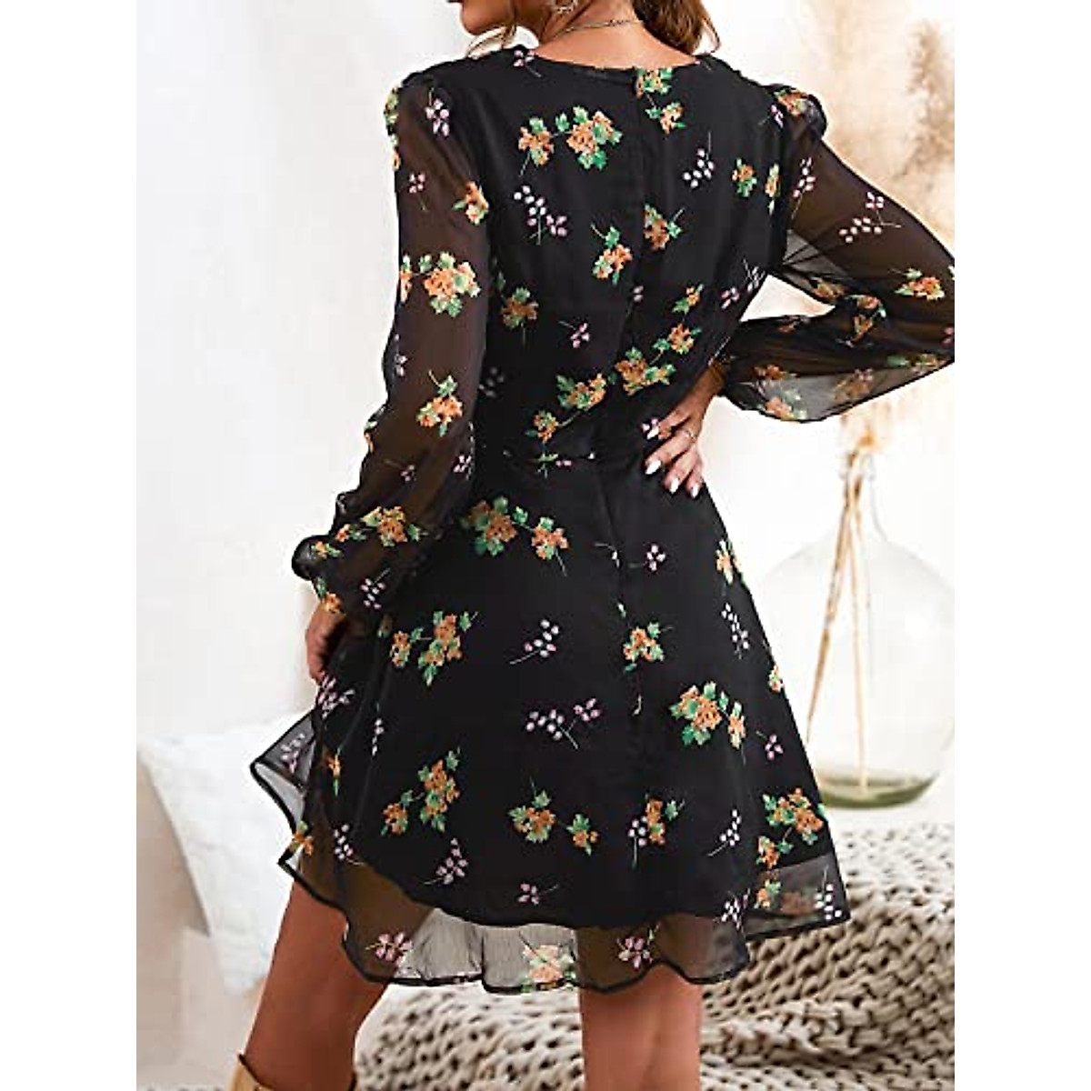 CUPSHE Women's Mini Dress Floral Print Chiffon Flowy Dresses Long Sleeve Dress for Women