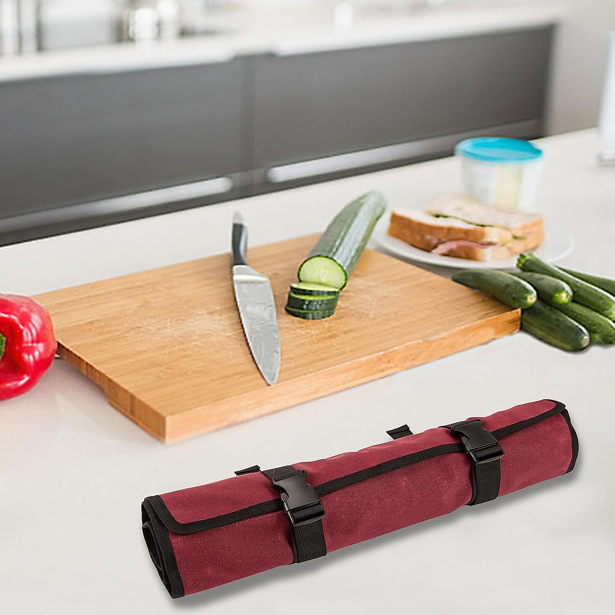 Chef Knife Roll Bag,Waxed Canvas Knife roll bag,Portable 10 Slots Chef Knife case with 1 Zipper Pockets,Heavy Duty Knives Roll Bags for Chef Case for Camping and Hold Home Kitchen Knife Tools Up (Red)