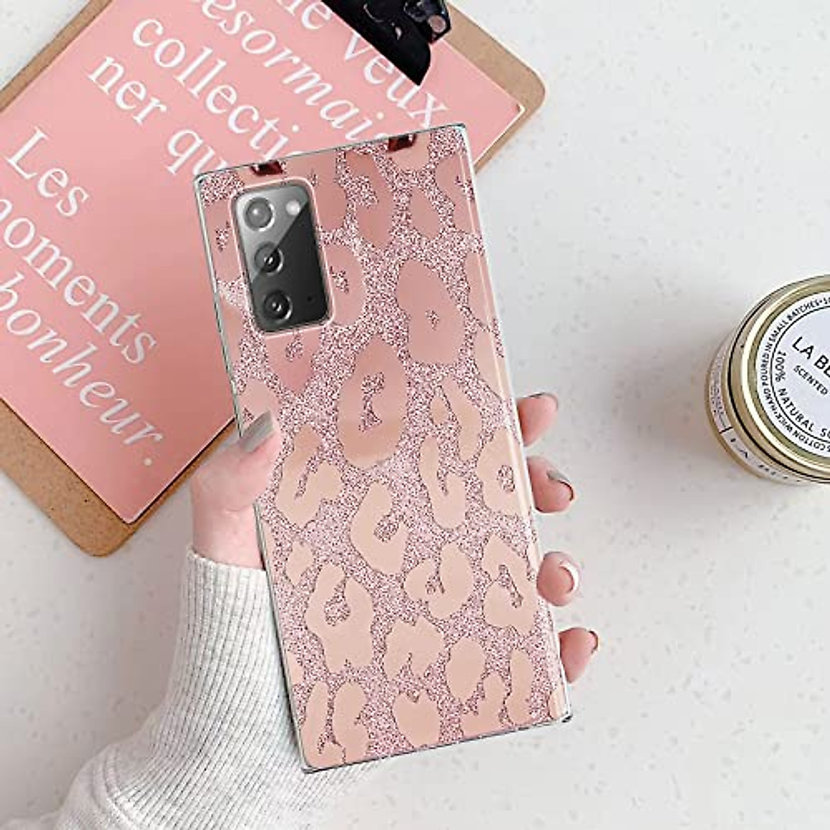 J.west for Samsung Galaxy Note 20 Case 6.7 inch,Luxury Saprkle Bling Glitter Leopard Print Design Soft Metallic Slim Protective Phone Cases for Women Girls Clear TPU Bumper Silicone Cover Rose Gold