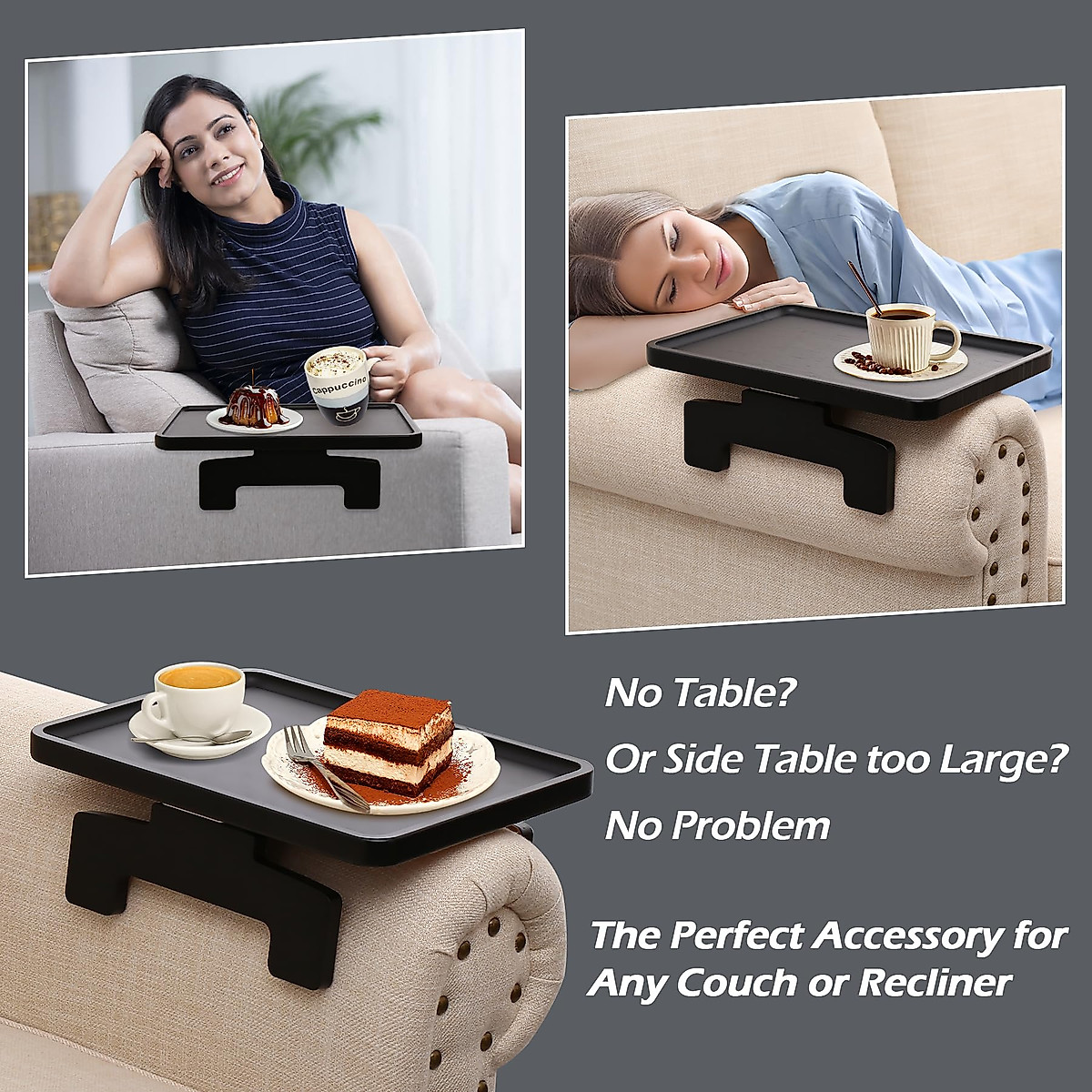 BAMBOOTRAY Clip Tray Side Table,Sofa Clip on Tray for Armrest Tray,Sofa Arm Table with Phone Holder,Couch Table for Living Room Bedroom,TV Tray Table for Eating & Drinking (Black, 13.7" D x 9.8" W)