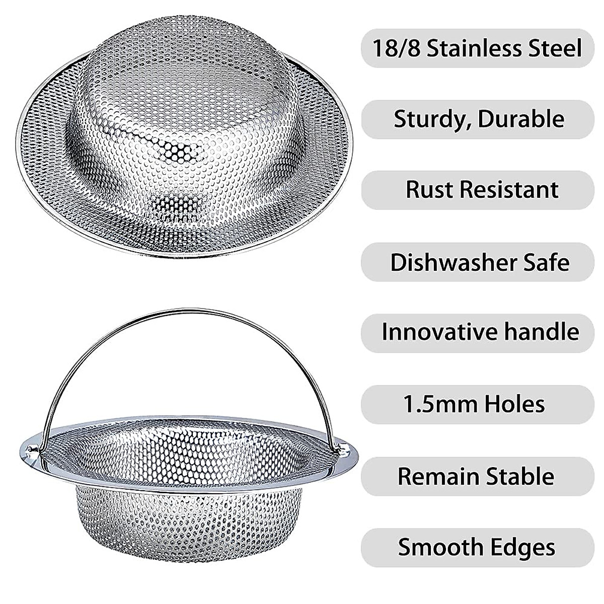 Kitchen Sink Strainer, 2-Pack Sink Strainer Basket with Handle, 4.5" Diameter, Stainless Steel, Rust Free and Dishwasher Safe