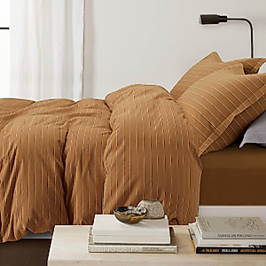Get Bed Ready Striped Yarn Dyed Washed Cotton Chambray Duvet Quilt Cover Bedding Set, Minimal Geometric Textured Pinstriped Pattern Stonewashed Moss Maple Ocher (Copper, Twin)
