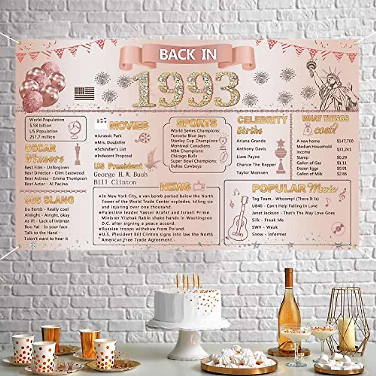 DARUNAXY Rose Gold Back in 1993 Banner, Happy 30th Birthday Party Decorations 30 Year Old Backdrop Party Supplies Pink and Gold Vintage 1993 Birthday Poster for Girls Photography Background for Women