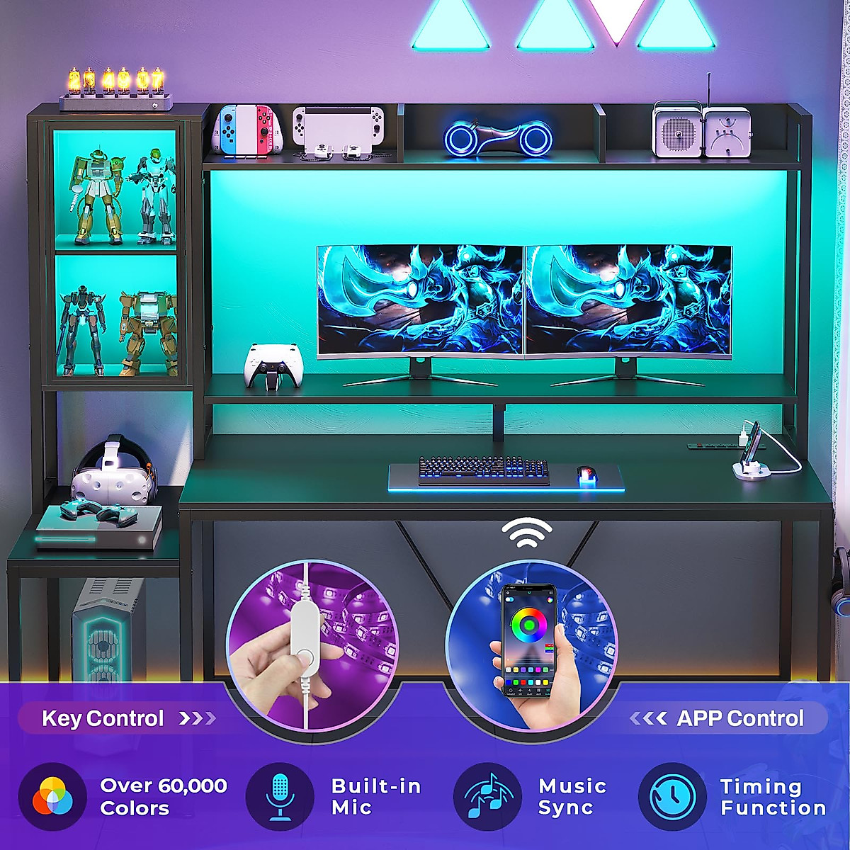 SEDETA Gaming Desk, 60'' Gaming Desk with Hutch and LED Lights, Computer Desk with Storage Shelves, Large PC Gamer Desk with Display Cabinet, Monitor Stand, Power Outlet for Home Office, Black