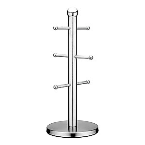 6 Cup Mug Tree Holder Tabletop Coffee Tea Kitchen Storage Rack Silver With Non-Sip Base Drinkware Shelf For Home Kitchen Mug Rack Tree Stainless Steel Countertop Stand Cabinet Holder Shelf Coffee Cup