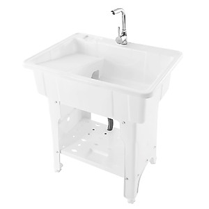 Laundry Sink,Freestanding Plastic Laundry Sink with Washboard,Utility Sink with Hot and Cold Faucet,Hoses and Drain Kit for Garage Basement Garden (25.59x21.65x31.5inch)