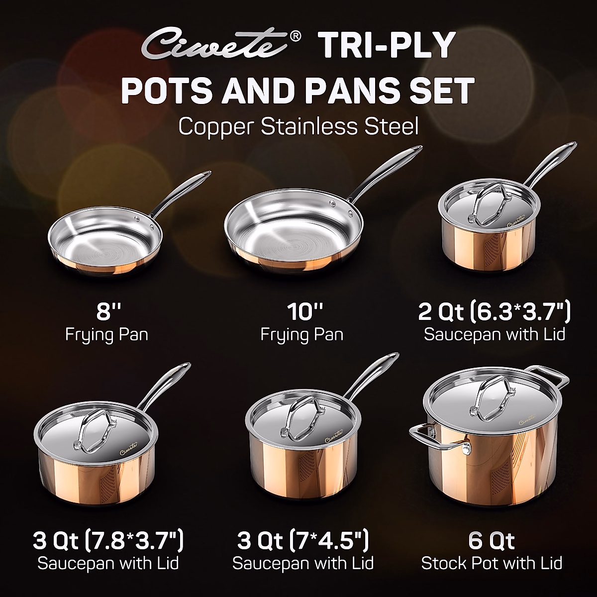 Ciwete Whole Tri-ply 18/10 Stainless Steel Pot and Pan Set (10 Piece), Copper Pots and Pans Set with Stainless Steel Lid, Induction Cookware Set, Include Stock Pot, Saucepan, Frying Pan - Copper