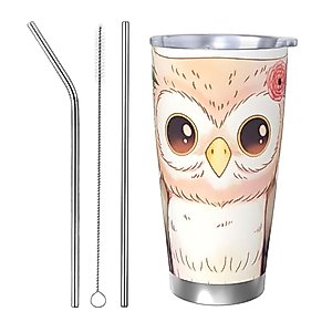 AYCZN Cute Owl Wreath 20 OZ Tumbler Stainless Steel Travel Coffee Mug, Flower Owl Insulated Water Bottle with Lid and Straws Leakproof Thermal Cup