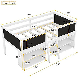Low Loft Bed with 2 Movable Storage Shelves,Loft Bed with Chalkboard and Ladder,Twin Loft Bed Frames for Kids,Kids Twin Bed Frame Kid Bed Loft Bed for Kids,No Box Spring Needed,White