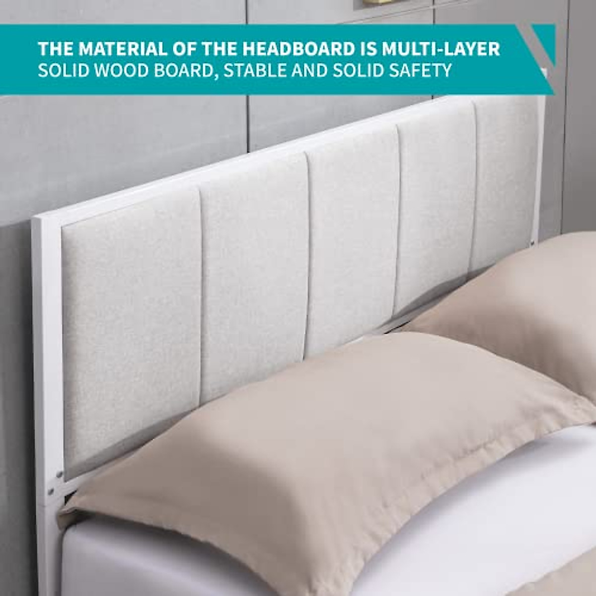 BALUS California King Size Bed Frame, Linen Upholstered Platform Bed Bedroom, Bed Frame with Channel Tufted Headboard, No Box Spring Needed - Light Grey