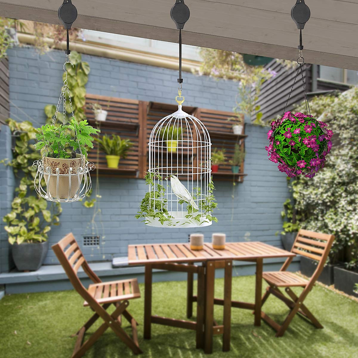 Ahier Retractable Plant Hanger, 2PCS Adjustable Plant Pulley Hanger Hanging Planters Flower Basket Hook Hanger with 2PCS Metal Ceiling Plant Hooks for Garden Birds Feeder