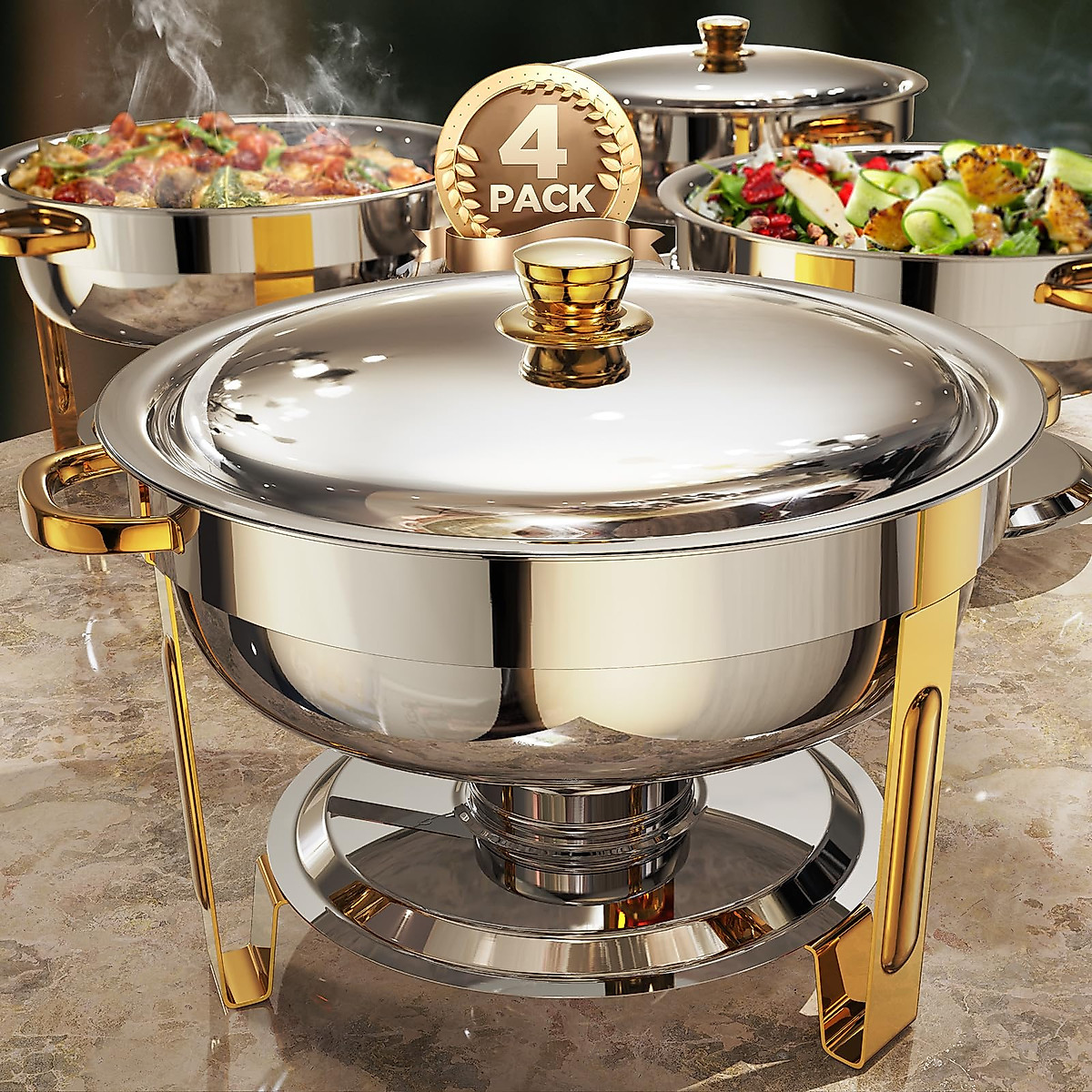 Chafing Dishes for Buffet 4 Pack, 5QT [Worry-Free Assemble] Round Chafing Dish Buffet Set [Elegant Gold and Silver Colors] Stainless Steel Chafers and Buffet Warmers Sets for Parties with Complete Set