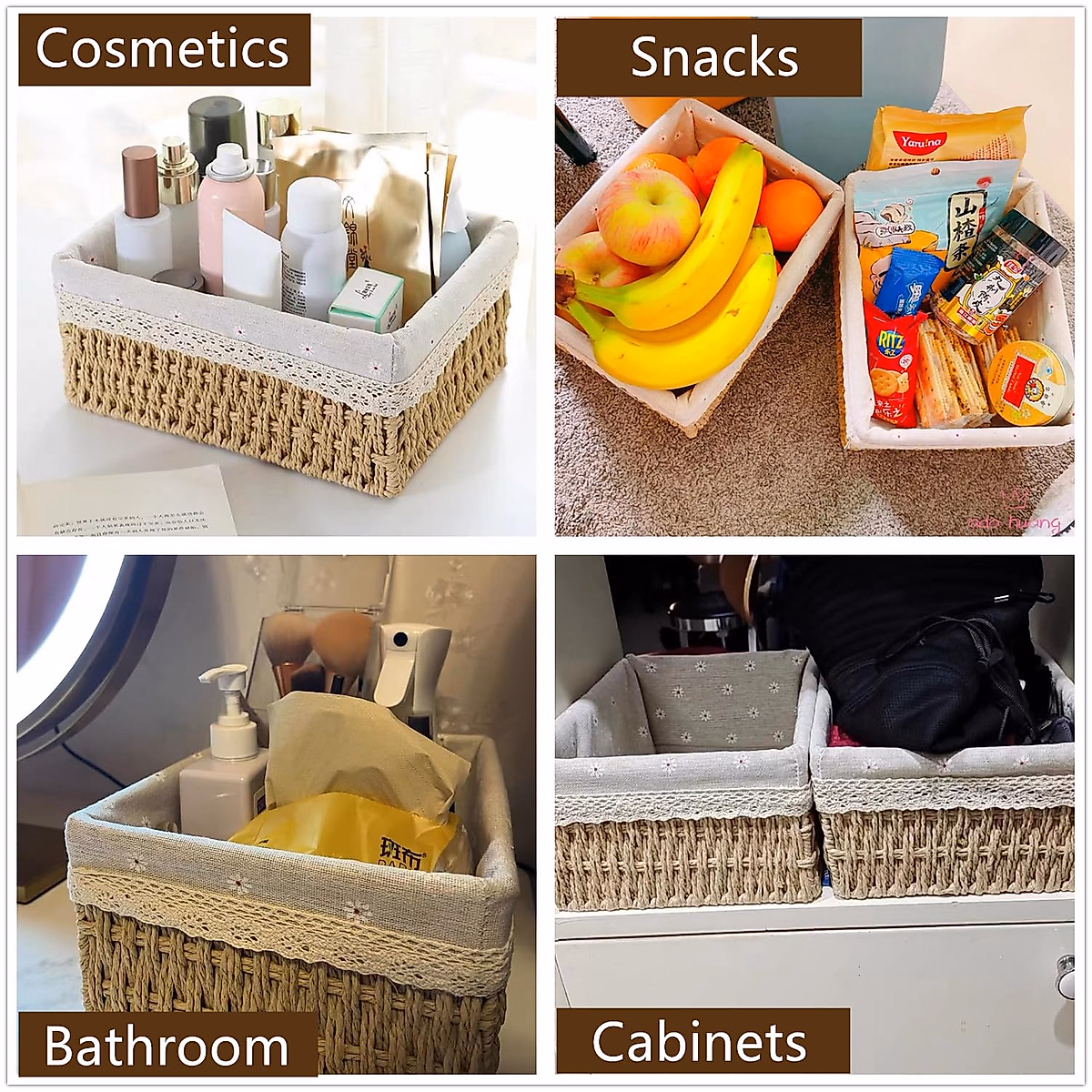 QRZLP 3 PCS Woven Storage Basket, Imitation Rattan Woven Desktop Storage Basket Household Miscellaneous Storage Basket Rectangular Handmade Baskets for Offices, Study Rooms, Bedrooms, Balconies.