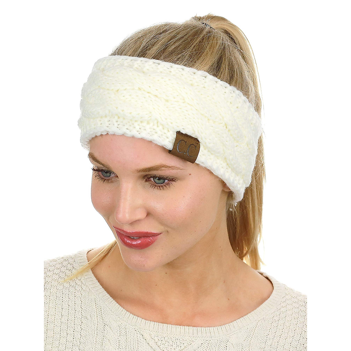C.C Soft Stretch Winter Warm Cable Knit Fuzzy Lined Ear Warmer Headband, Ivory
