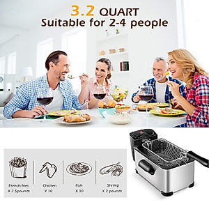 ARLIME Deep Fryer with Basket, 3.2 Qt/3L Electric Fryer with Adjustable Temperature & Timer, Removable Oil-Container & Lid w/View Window, Stainless Steel Small Deep Fryers for Home Use, Kitchen