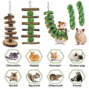 Grembeb 5pcs Rabbit Toys,Bunny Chew Treat for Teeth Grinding,Hanging Timothy Hay Ball +Apple Stick Wood +Alfalfa Grass Cake Food Snack for Cage Guinea Pig Chinchilla Hamster Squirrel Gerbil Rat Parrot