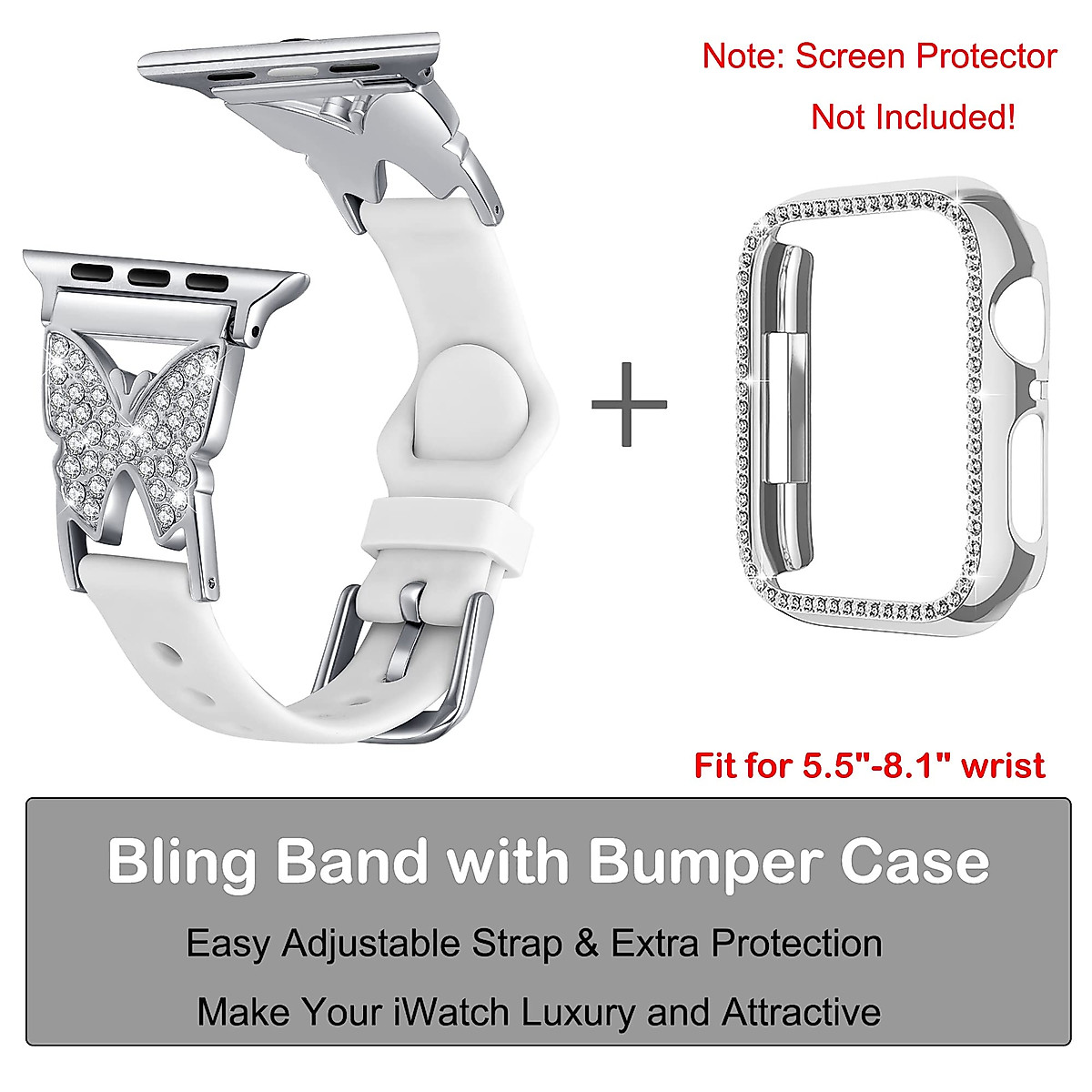 Love Lies Within Bling Butterfly Band Case Compatible with Apple Watch Band 45mm for Women Classy Silicone Bracelet with Rhinestone Bumper for iWatch Series 7 8