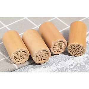 Fu Lu Shou Xi Pattern Wooden Stamp Cookie Press Cake Stamp Traditional Chinese Moon Cake Mold DIY Dessert Mold Maker for Mid-Autumn Festival Birthday Party Baby Shower,4 Pcs/Set