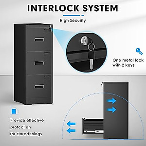Greenvelly 18" D File Cabinet, 3 Drawer Vertical File Cabinet with Lock, Locking Filing Cabinet for Home Office, Black Metal File Cabinet for Hanging Letter/Legal Folders, Easy Assemble