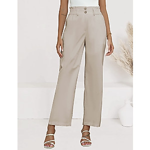 Yoetaun Linen Pants for Women High Waisted Palazzo Flowy Wide Leg Long Lounge Pant Beach Casual Comfy Trousers Khaki XL