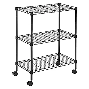 YRLLENSDAN 3 Tier Shelf, Small Closet Shelving Adjustable Shelving Unit Kitchen Storage Shelves with Wheels, Heavy Duty Steel Organizer Wire Rack, Black (32" H x 23" W x 13" D)