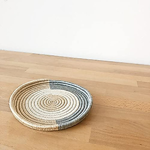 Mini African Tray - Karamira/Rwanda Basket/Sisal & Sweetgrass Woven Basket/Blue-Gray, Tan, White