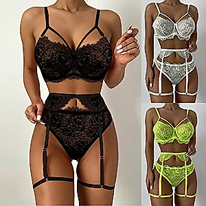 Qopobobo Sexy Lengerie for Women Naughty Lace Garter Lingerie Set with 3pcs Removable Choker Strappy Bra and Panty Set Black