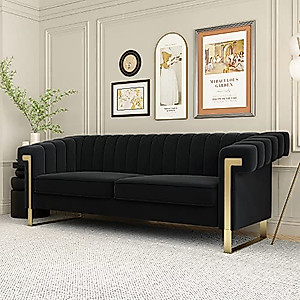 Mid Century Modern Velvet Couch - 83.85 Loveseat Sofa Curved Gold Boho Love Seat Comfy Couches for Living Room, 3 Seat Tufted Deep Seat Sectional Gothic Minimalist Sofa Bedroom Apartment (Black 1)