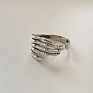 RUIZHEN Antique Silver Open Adjustable Skeleton Hand Skull Finger Ring for Women Expandable Halloween Ring (antique silver)