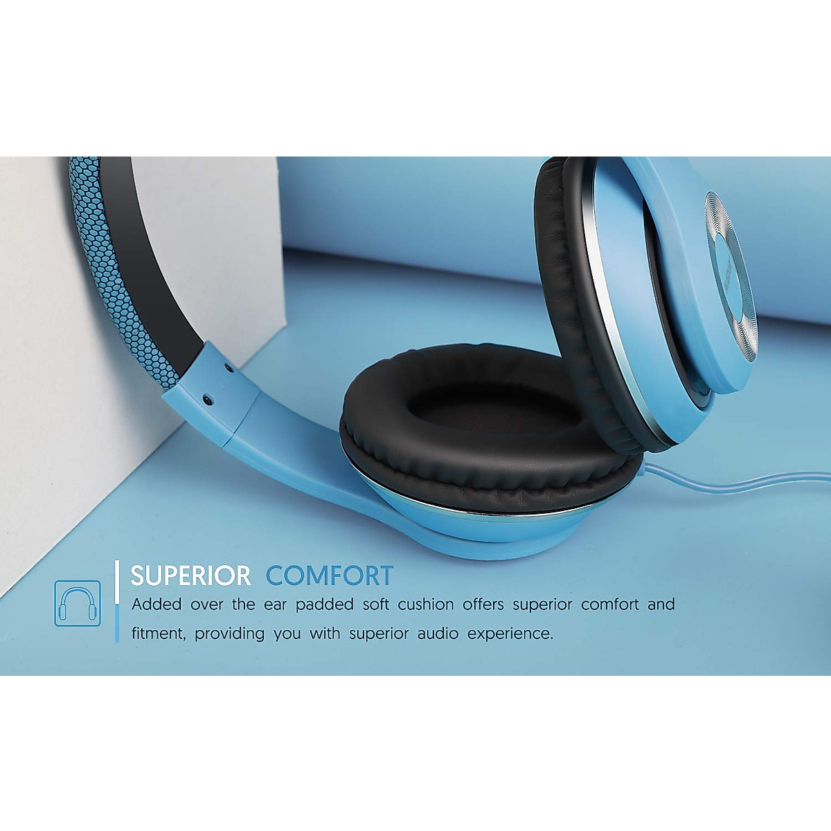 AUSDOM Lightweight Over-Ear Wired HiFi Stereo Headphones with Built-in Mic Comfortable Leather Earphones- Blue