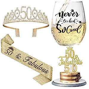 Juesly 50th Birthday Gifts for Women with 15oz Wine Glass, 50th Birthday Crown, Sash, Cake Topper and Candles, 50 Year Old Birthday Decorations 50th Birthday Gifts Idea