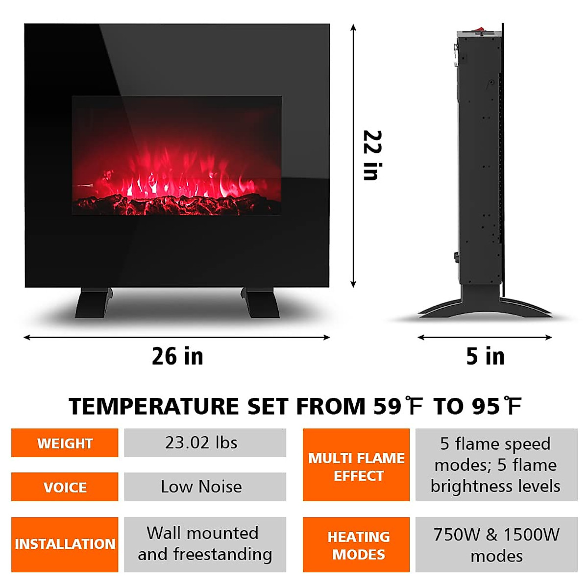 LifePlus Wall Mounted Electric Fireplace, 26 Inch Freestanding LED Fireplace Heater with Remote Control, Adjustable 10 Flame Colors, 12H Timer, Logset Crystal, 750w/1500w Modern Black