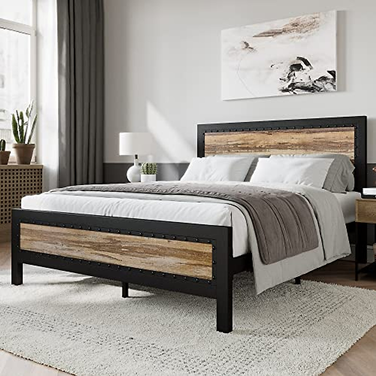 SHA CERLIN Heavy Duty Metal Bed Frame Queen Size, Platform Bed Frame with Wooden Headboard Footboard, 13 Strong Metal Slats Support, No Box Spring Needed, Mattress Foundation, Easy Assembly