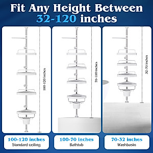 EliteCart Rust Proof Shower Caddy Corner Tension Pole – Adjustable Height (32-120 inch), 4 Tier Shelf Bathtub Organizers and Storage – Includes Towel Rack, Tooth Brush Holder and Suction Cups (White)