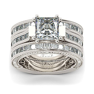 Jeulia 3PC Princess Cut Ring Set: Sterling Silver Halo Diamond Bridal Set Engagement Wedding Band Best Anniversary Promise Valentines Jewelry Gift with Box (White Diamond, 8.5)