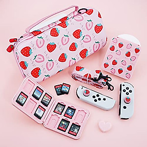 GLDRAM Pink Strawberry Carrying Case for Nintendo Switch & OLED Modle, Portable Switch Travel Protector with Cute Game Card Case, Shoulder Strap & 2 Thumb Caps, Switch Accessories Bundle for Girls