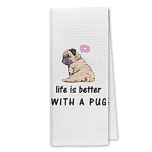 DIBOR Life is Better with A Pug Kitchen Towels Dish Towels Dishcloth,Funny Pug Dog Decorative Absorbent Drying Cloth Hand Towels Tea Towels for Bathroom Kitchen,Dog Lovers Girls Women Gifts