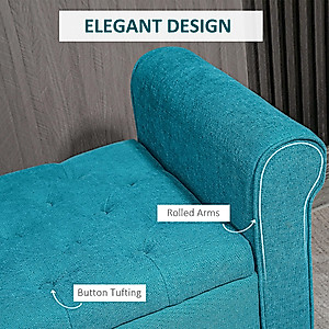 HOMCOM 50" Storage Ottoman Bench, Upholstered End of Bed Bench with Rolled Arms, Wood Legs, Button Tufted Storage Bench with Safety Hinges for Living Room, Entryway, Bedroom, Teal