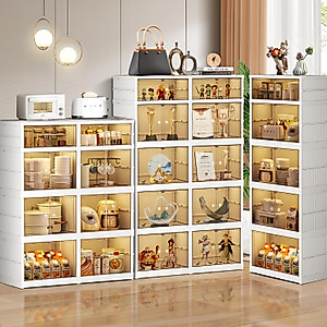 EHAMILY Pantry Cabinet Plastic Foldable with Doors Clear Collapsible Storage Cabinet with Wheels Large Folding Stackable Closet Storage 5-Tier 10Grids Easy Assemble