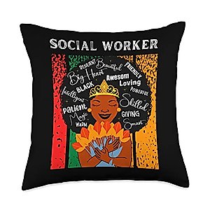 Vintage Retro Black African American Gifts Social Worker Queen Black History Month Melanin Women Throw Pillow, 18x18, Multicolor