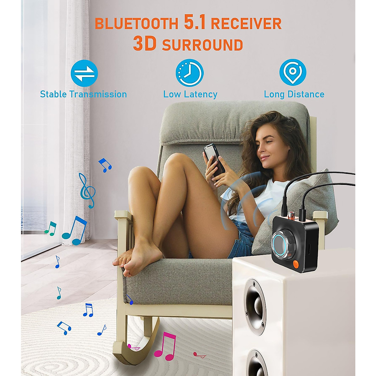 KAIY Bluetooth Audio Receiver, 3D Surround HiFi Music Streaming, 3.5mm AUX, Optical, Coaxial, TF Card Compatible, 33ft Range, No Battery