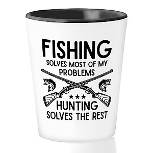 Bubble Hugs Hunting Lover Shot Glass 1.5oz - fishing solves most - Hunter Dad, Hunter Grandpa, Fisherman, Deer Lover, Bucks, Deer Horns, Duck Hunting, Fishing Shot Glass Dad Shot Glasses