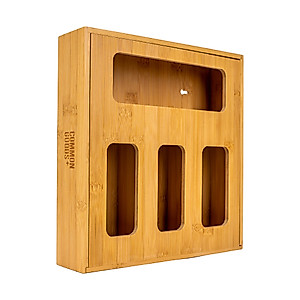 Common Goods Bamboo storage bag organizer. Holds Gallon, Quart, Sandwich and Snack sized bags. Has mounting holes and slip free rubber feet