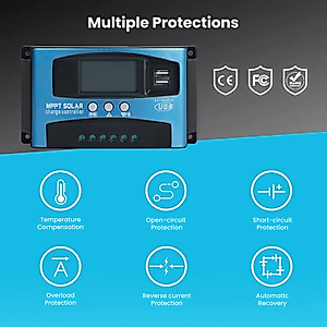 FellDen 50A MPPT Solar Charge Controller 12V/24V, Auto Focus Tracking Solar Panel Battery Regulator Dual USB Port Display Adjustable Parameter LCD Display Multiple Load Control Modes