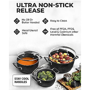 Granitestone 6 Pc Stackable Pot Set, Nesting Non Stick Pots with Lids, Cooking Pots Set, Stock Pot Set with 1.5/3 / 5 Qt Pots with Lids, Induction Cookware, Dishwasher Safe, Non Toxic - Black